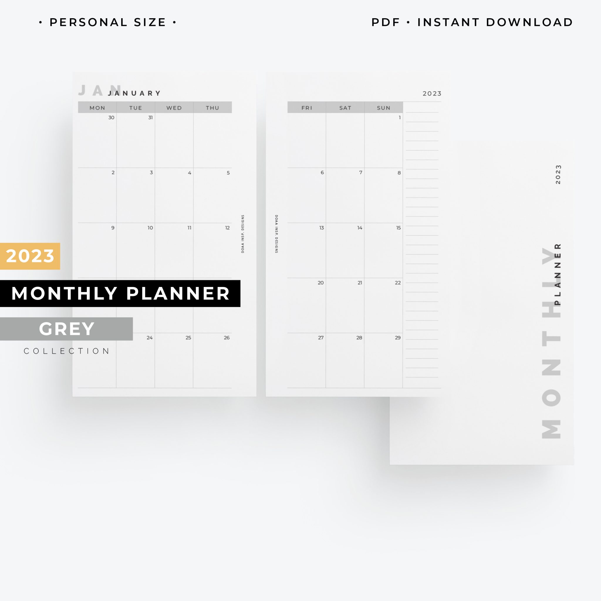 2023 Monthly planner (MO2P) – Grey collection – Doaa inspiring Designs